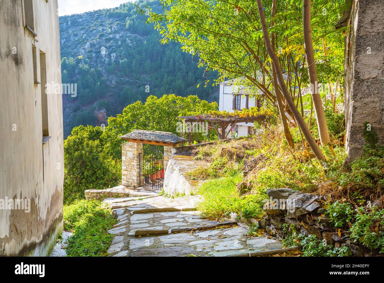 Street view at Makrinitsa village, Pelion, Greece Stock Photo - Alamy
