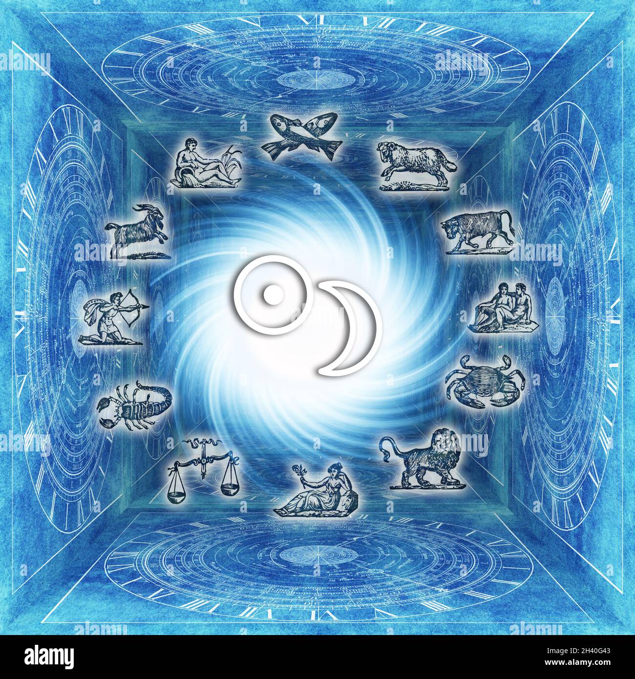 antique horoscope chart with astrology and zodiac symbols like ...
