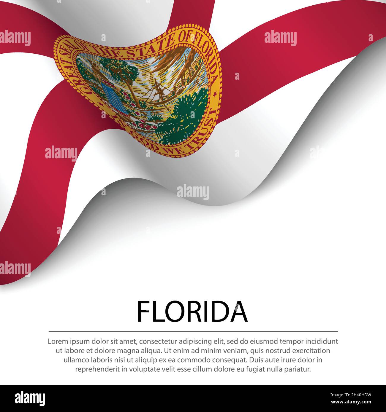 Waving flag of Florida is a state of USA on white background. Banner or ...