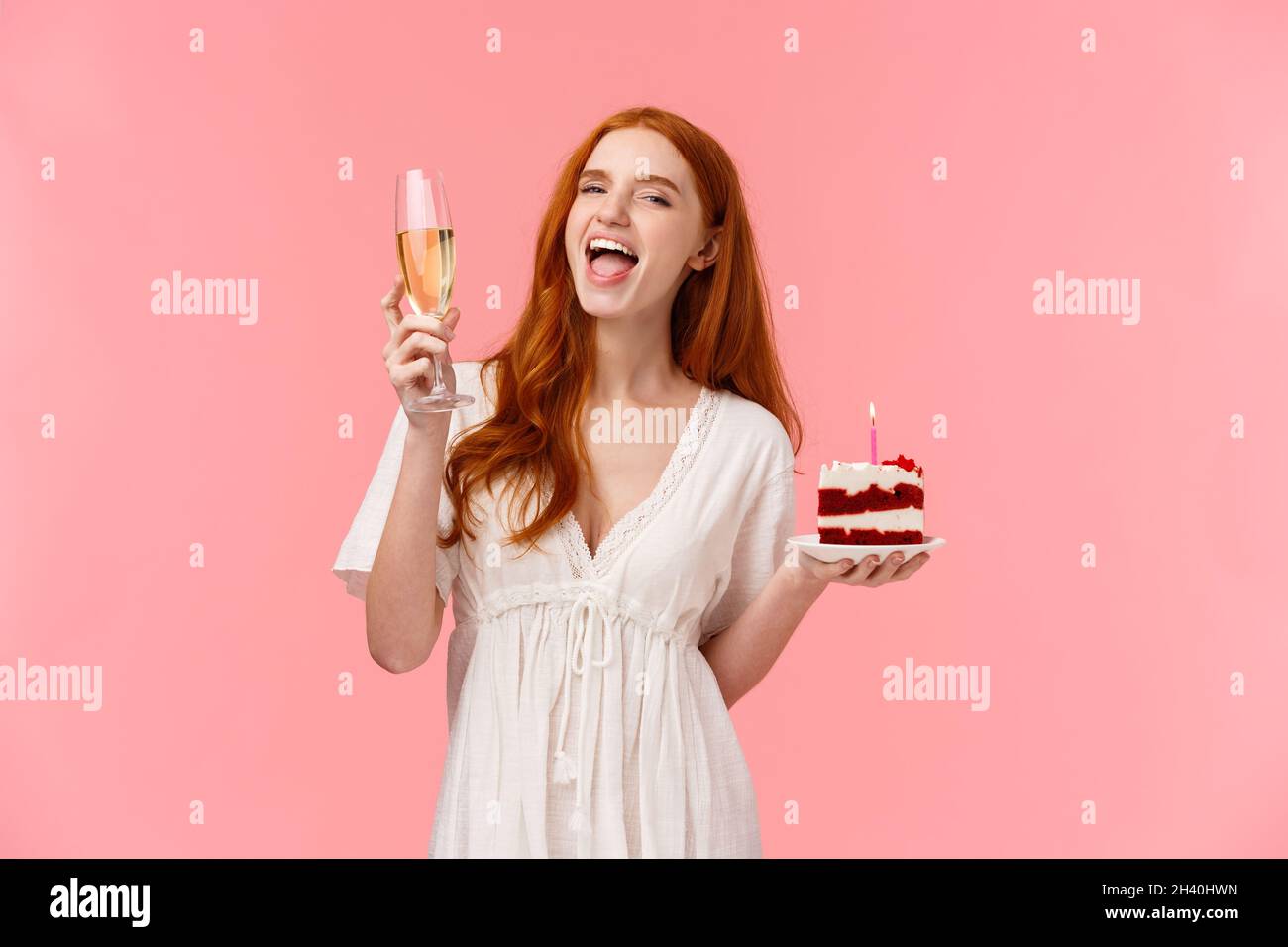 Waist-up portrait happy and excited chanting happy birthday song ...