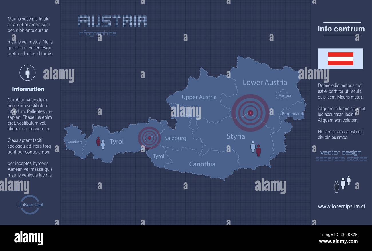 Austria map, separate regions with names, infographics blue flat design ...