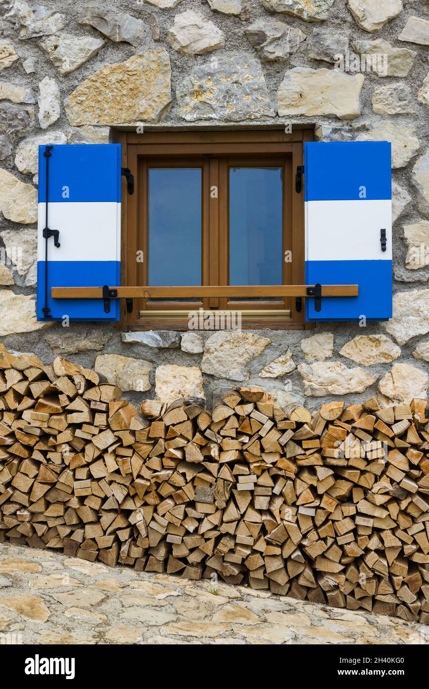 Window of an alpine refuge Stock Photo - Alamy