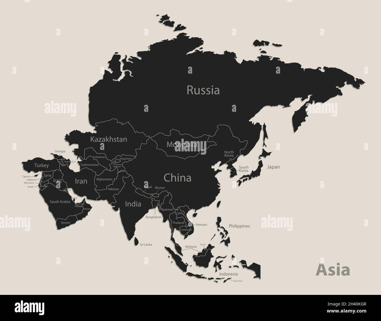 Black map of Asia with names of states, design blackboard vector Stock ...