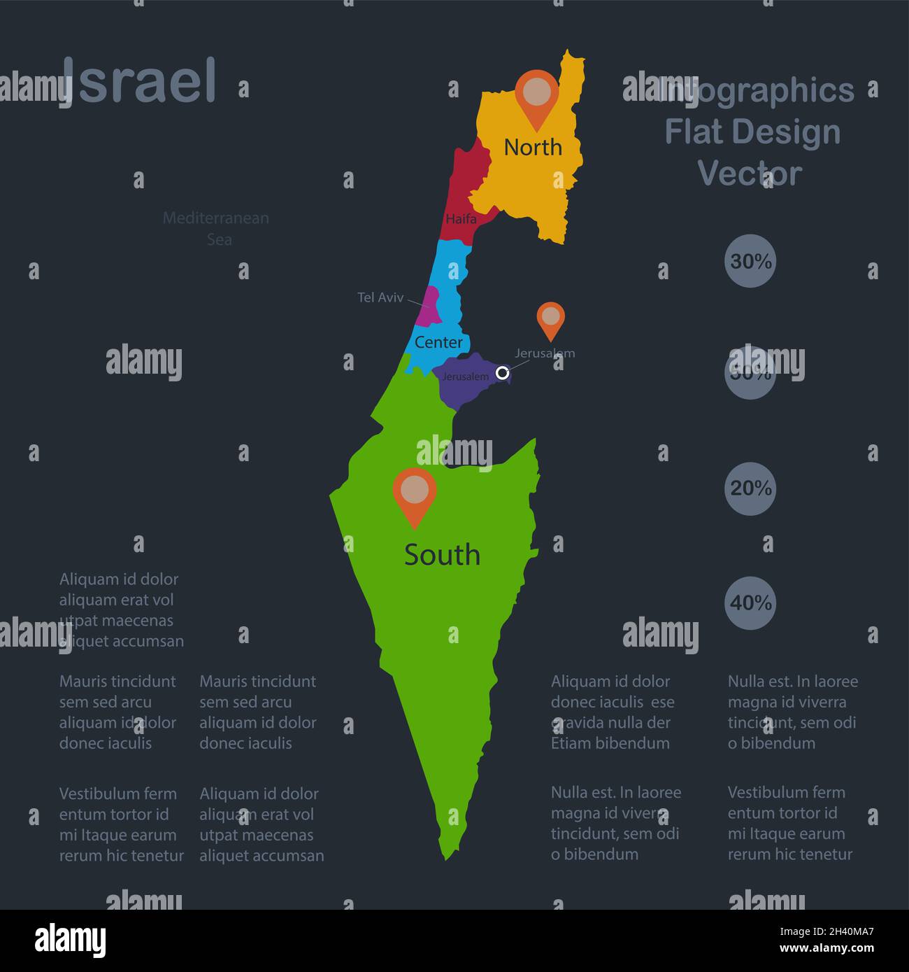 Infographics Israel map, flat design colors, names of individual ...