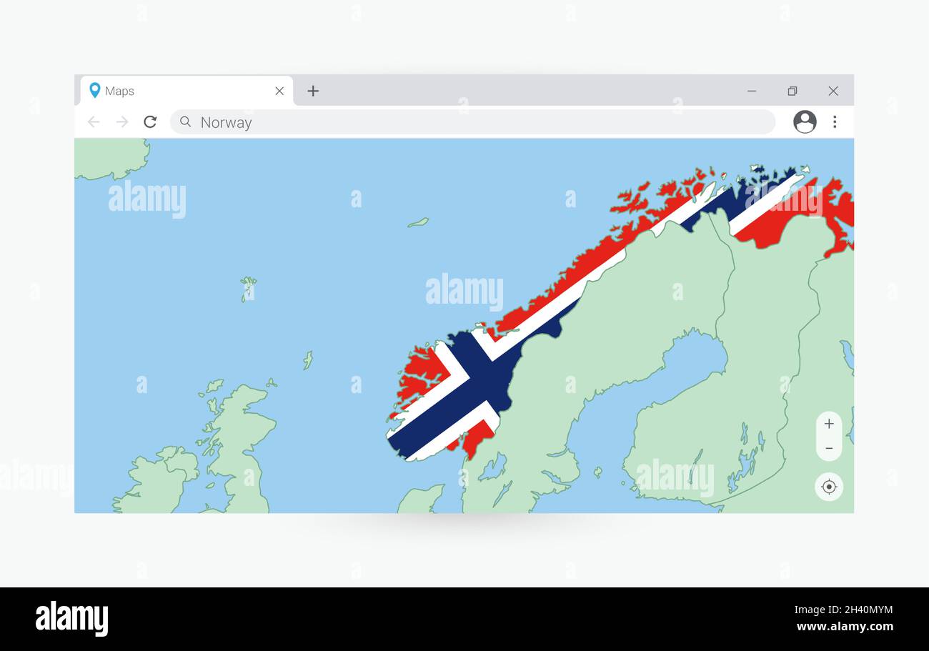 Browser window with map of Norway, searching Norway in internet. Modern ...