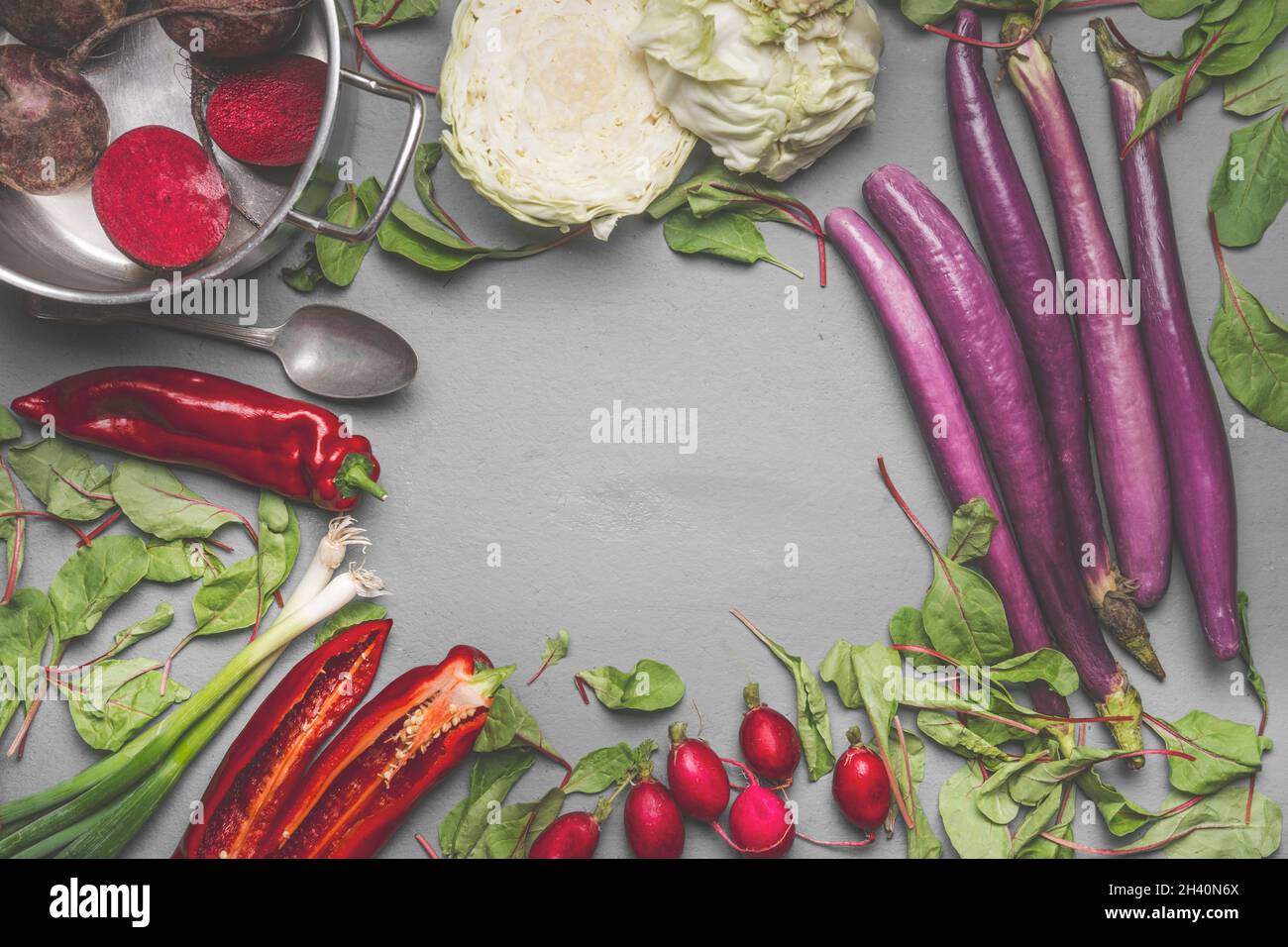 Vegetables food background with pepper, eggplant, radish, beetroot ...