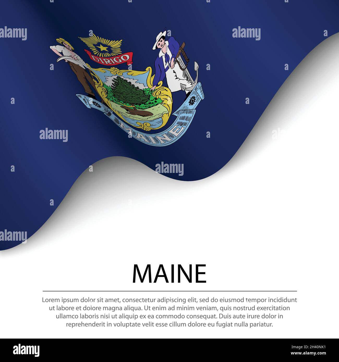 Waving flag of Maine is a state of USA on white background. Banner or ...