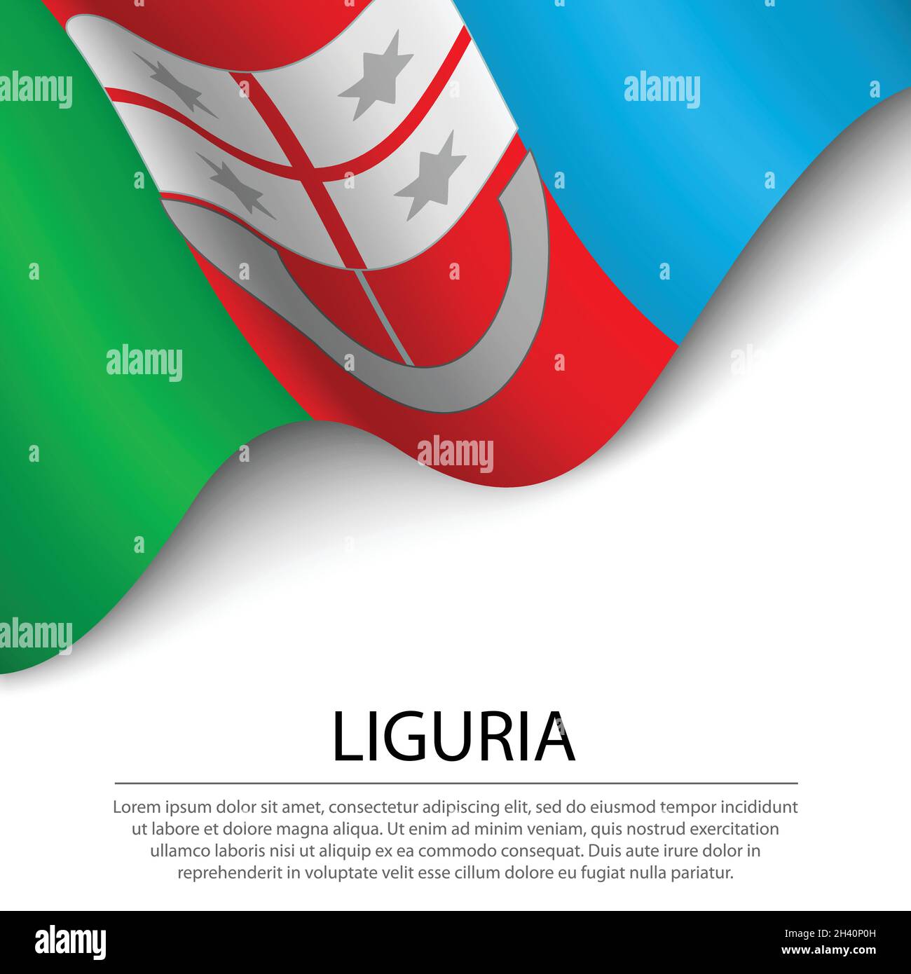 Waving flag of Liguria is a region of Italy on white background. Banner ...