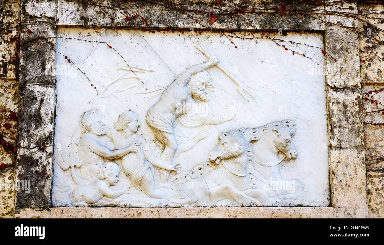 Marble relief of Poseidon in the Labyrinth of Horta, Barcelona ...