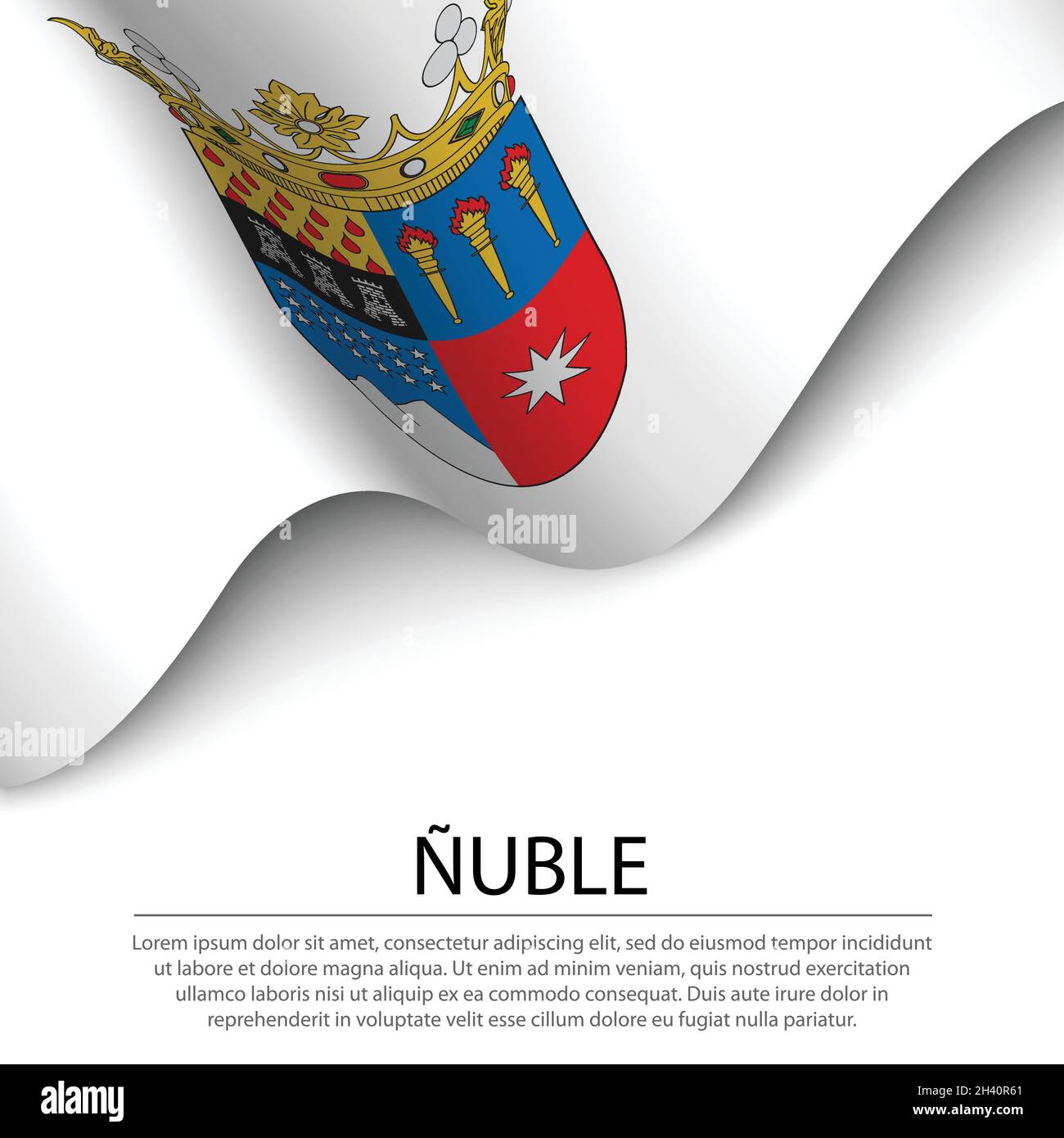 Waving flag of Nuble is a region of Chile on white background. Banner ...