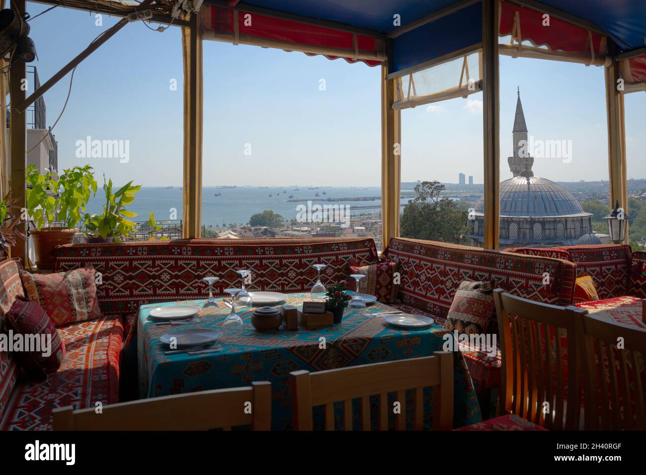 ISTANBUL, TURKEY - JULY 17, 2021: Roof terrace restaurant with ...