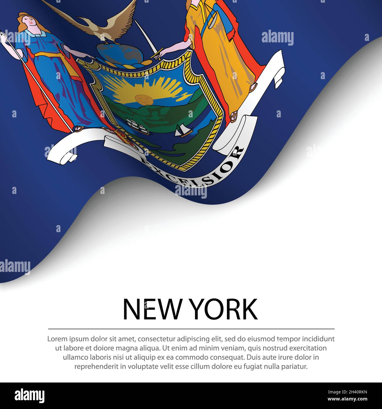Waving flag of New York is a state of USA on white background. Banner ...