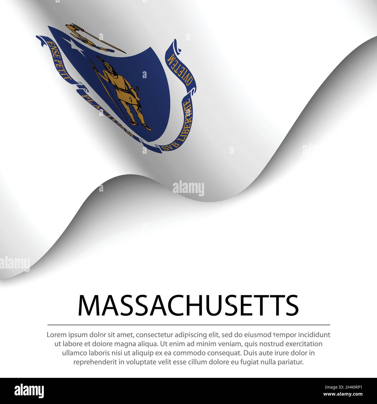 Waving flag of Massachusetts is a state of USA on white background ...