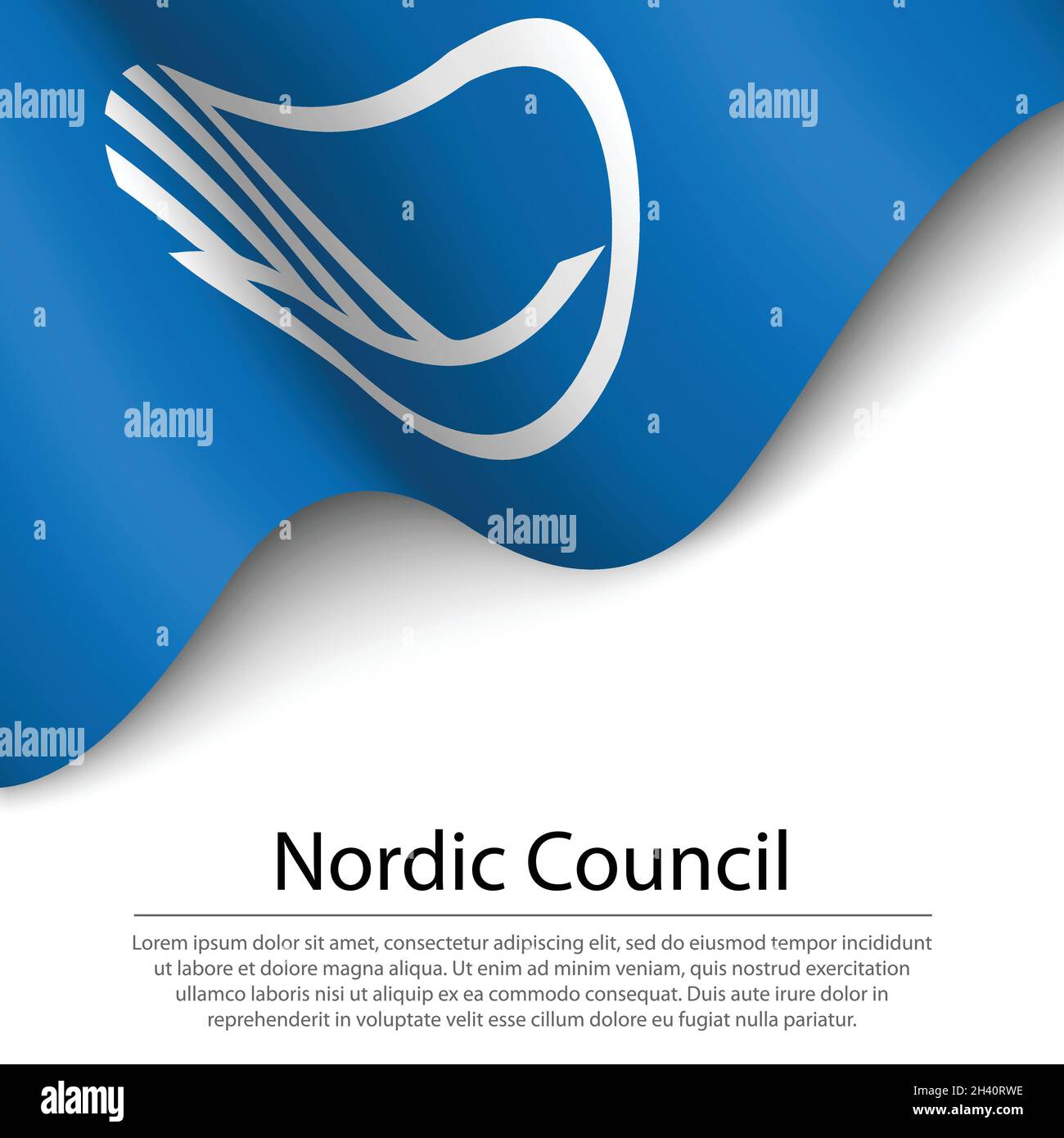 Waving flag of Nordic Council on white background. Banner or ribbon ...