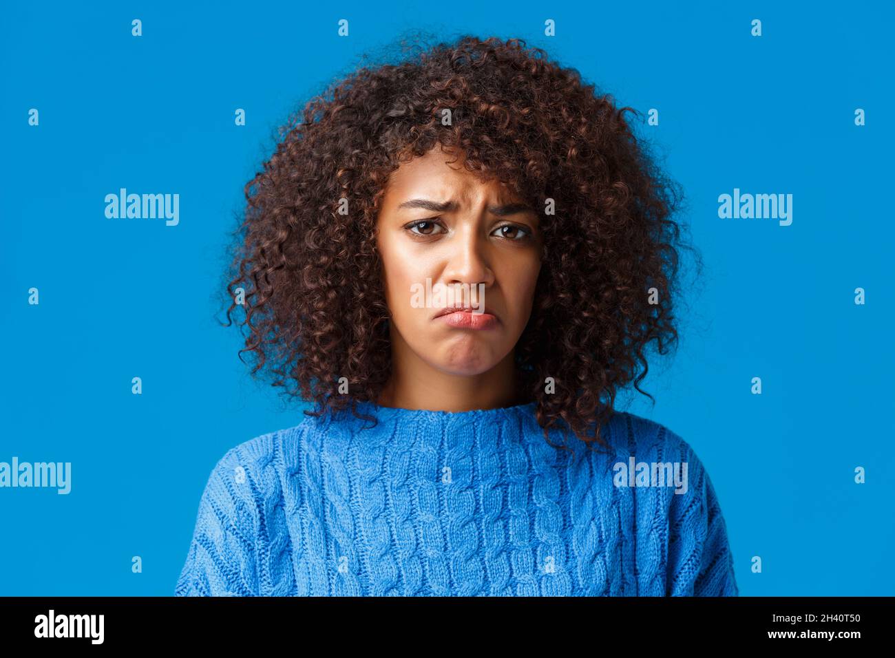 Depression, sadness and emotions concept. Close-up uneasy and sad cute ...