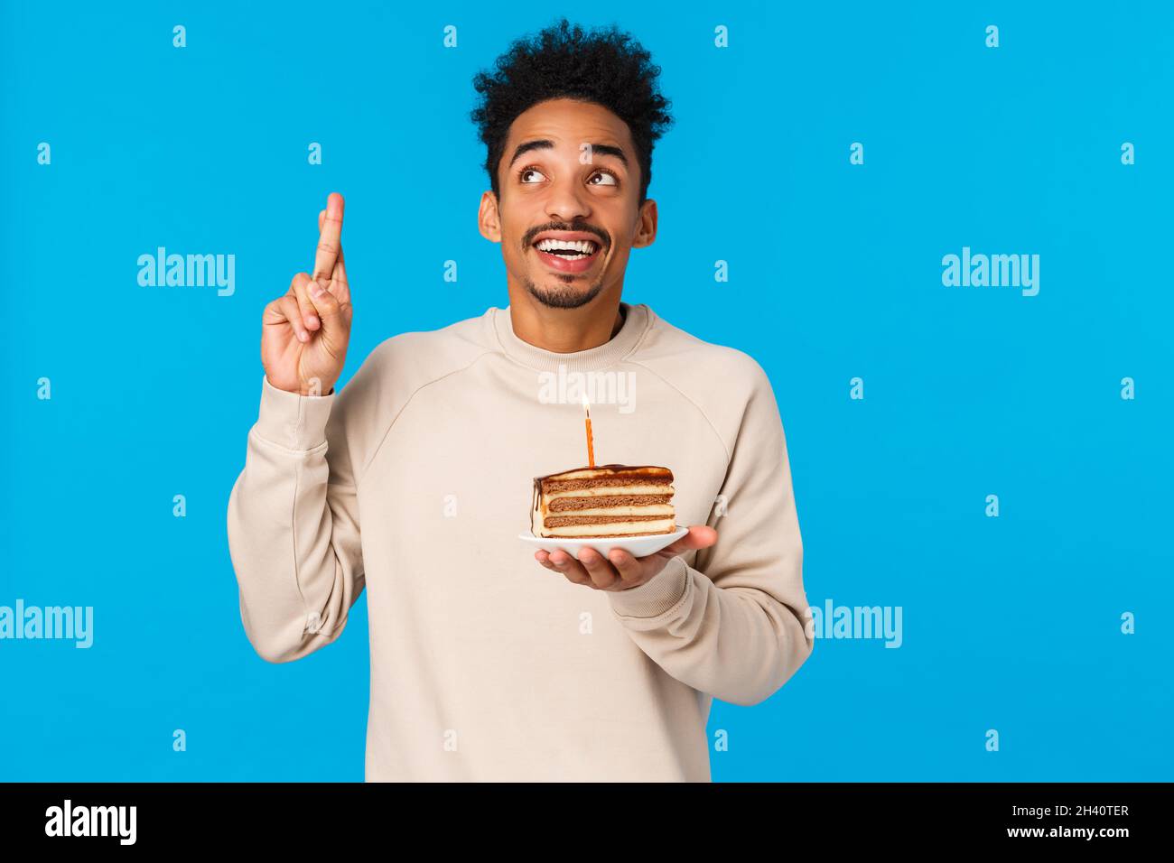 Man thinking what wish have idea. African american creative happy and ...