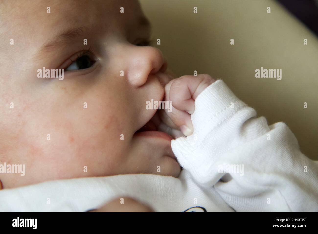 The portrait picture of the baby sucking its hands. Exploring its body ...