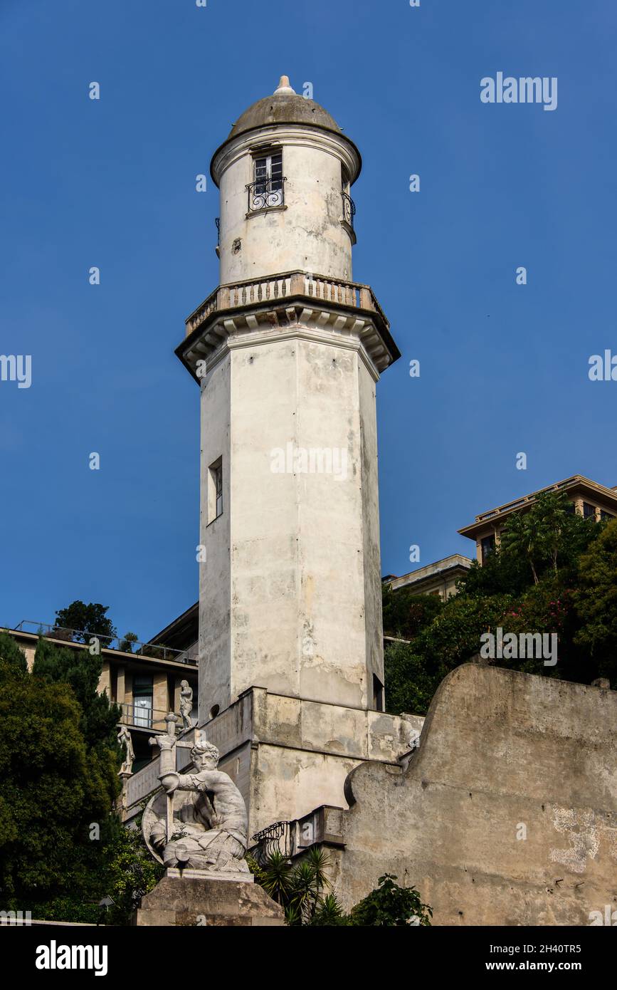 Tower and Statue in Genoa Stock Photo - Alamy