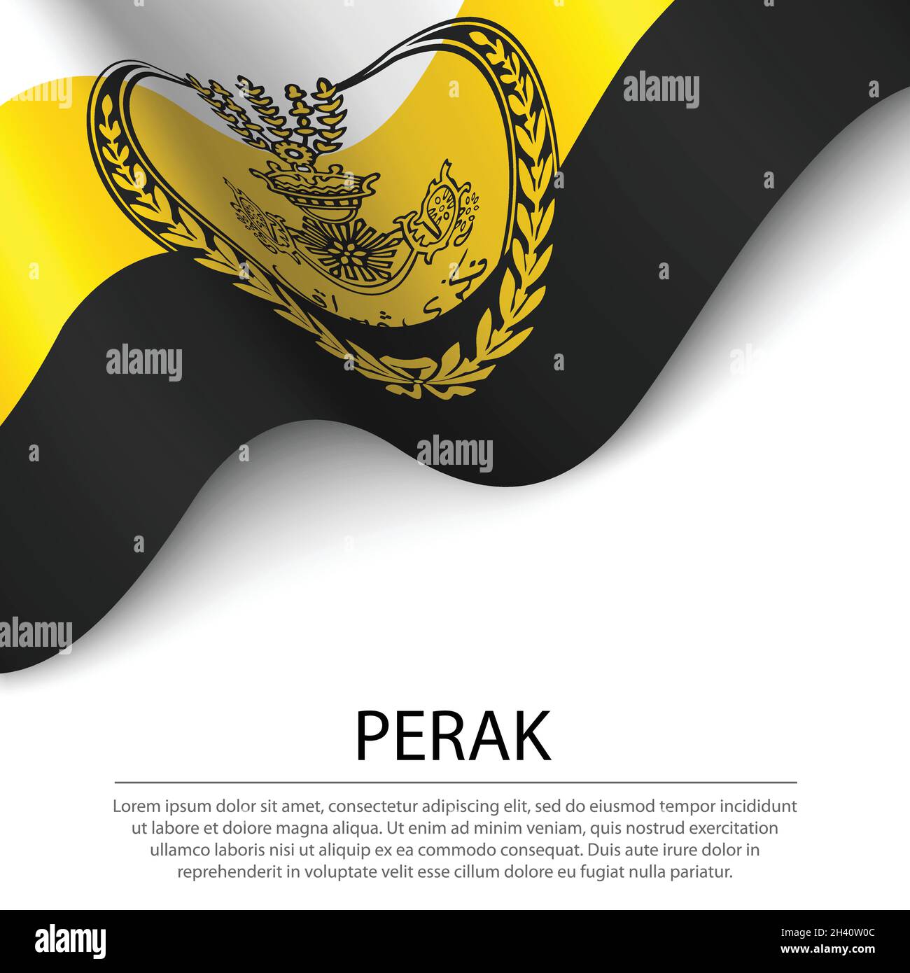 Waving flag of Perak is a state of Malaysia on white background. Banner or ribbon vector ...