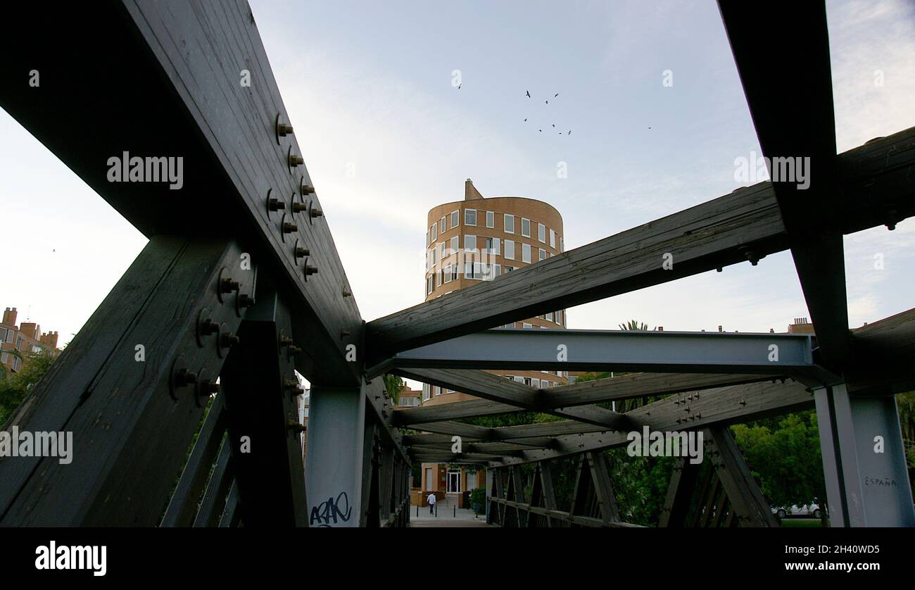 Wooden structure of the bridges over the Ronda del Litoral in Barcelona ...