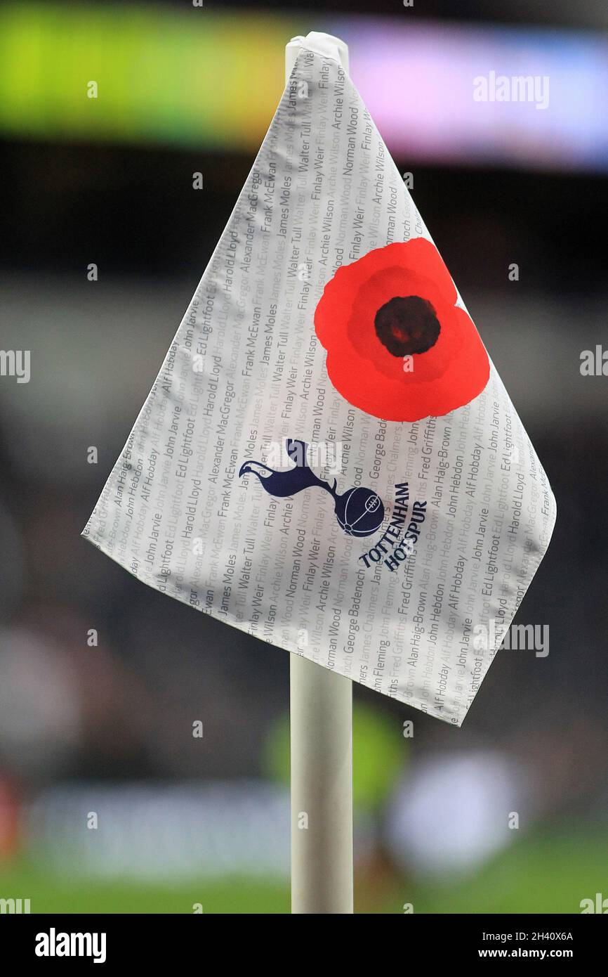 A poppy on the Tottenham Hotspur corner flag. Premier League match ...