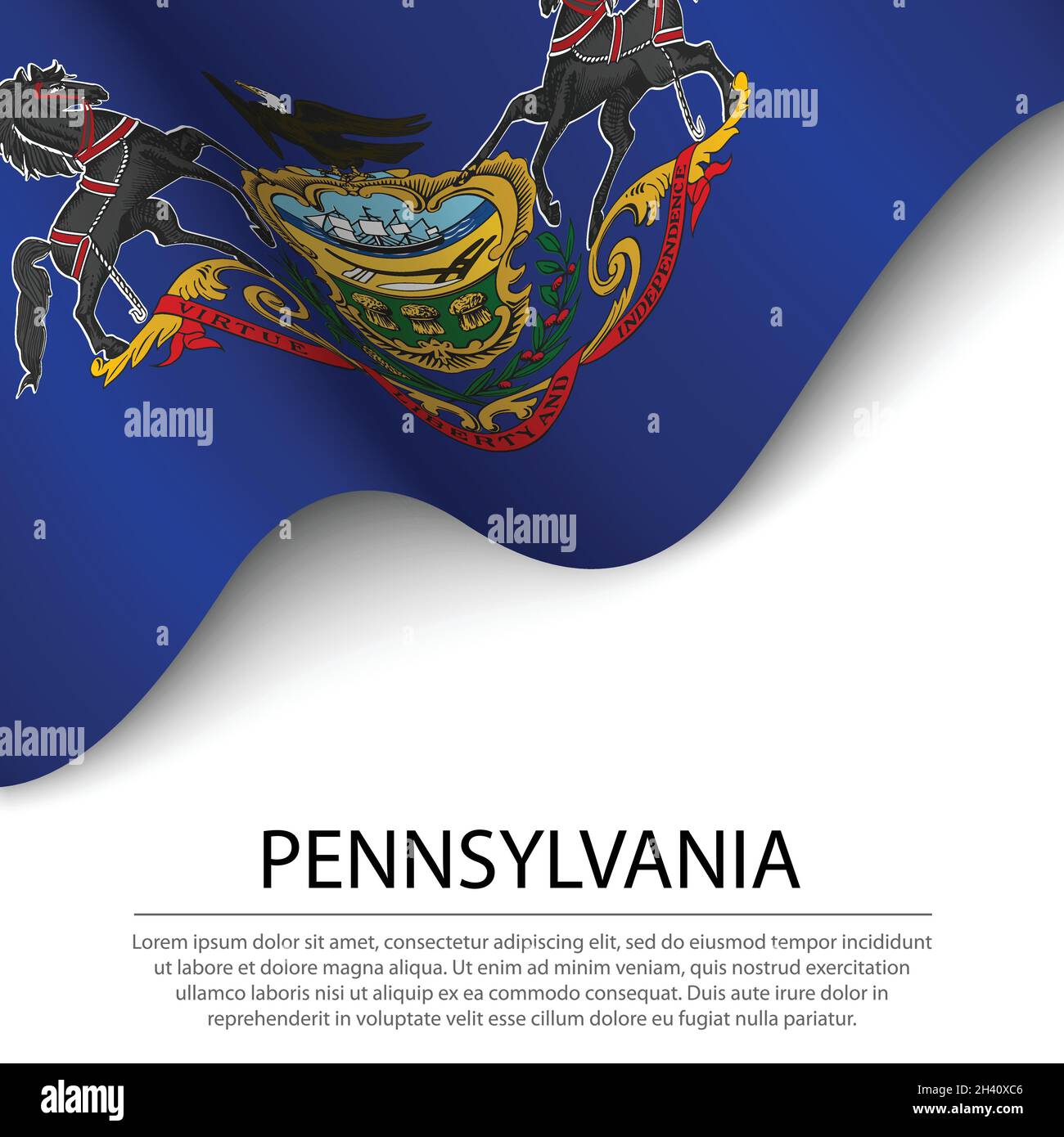 Waving flag of Pennsylvania is a state of USA on white background ...