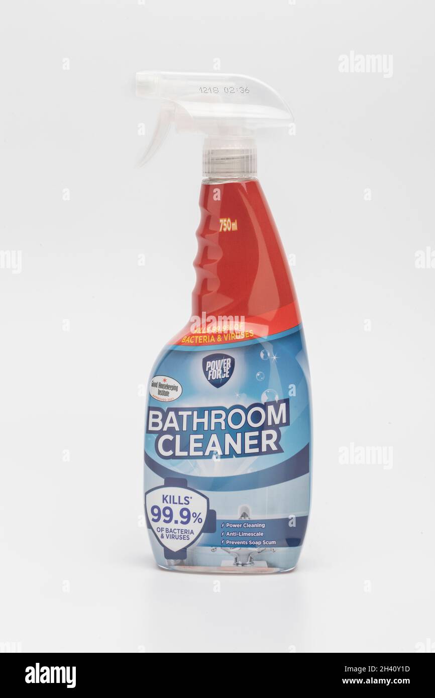 A spray bottle of Power Force bathroom cleaner Stock Photo - Alamy
