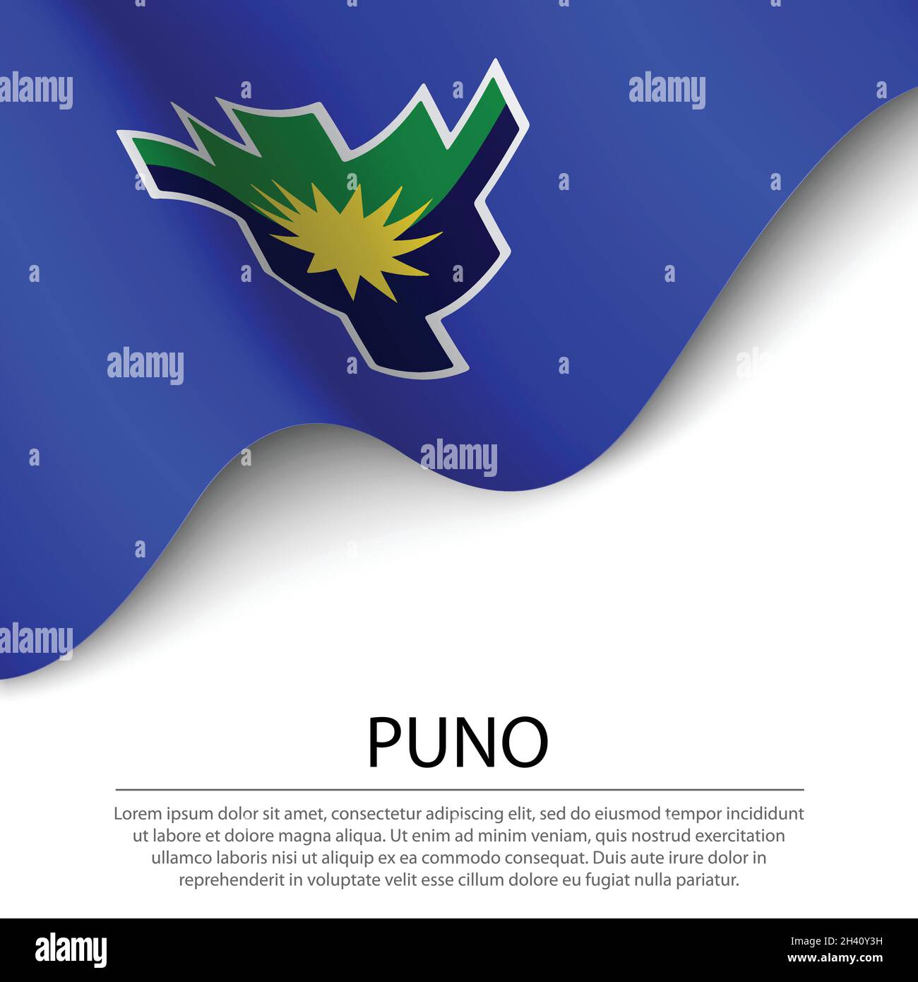 Waving flag of Puno is a region of Peru on white background. Banner or ...