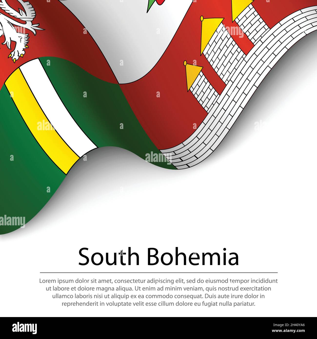 Waving flag of South Bohemia is a region of Czech Republic on white ...