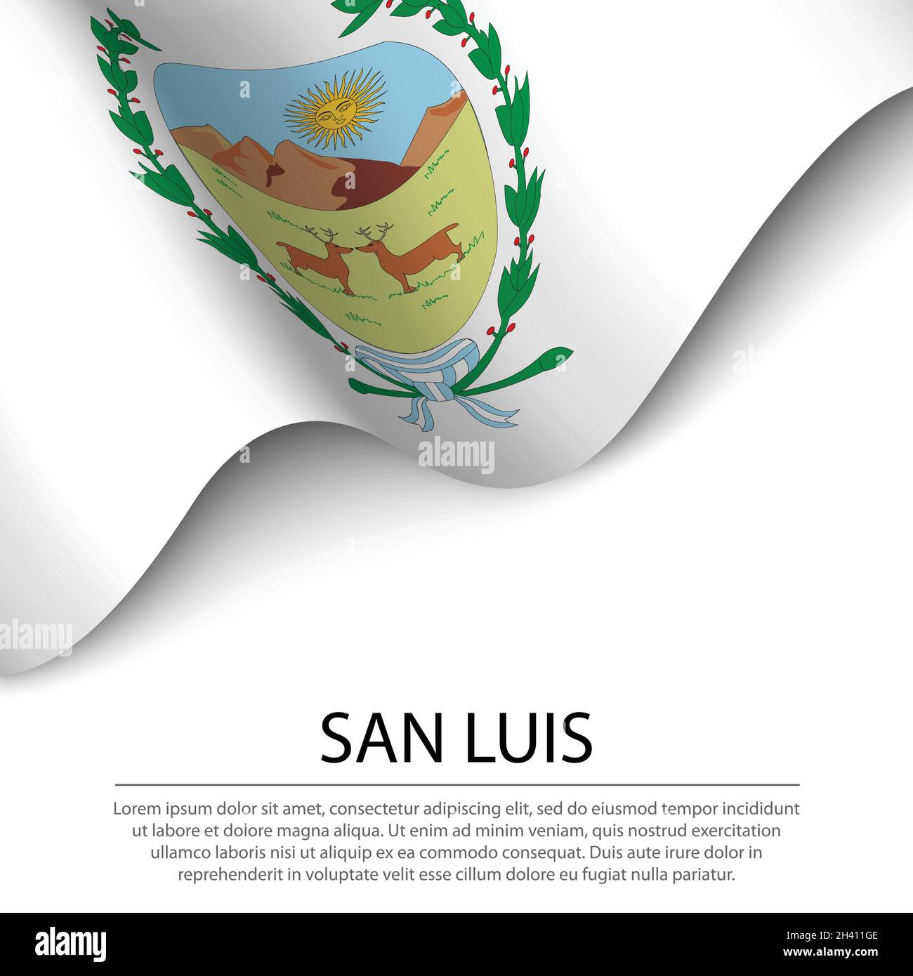 Waving flag of San Luis is a region of Argentina on white background ...