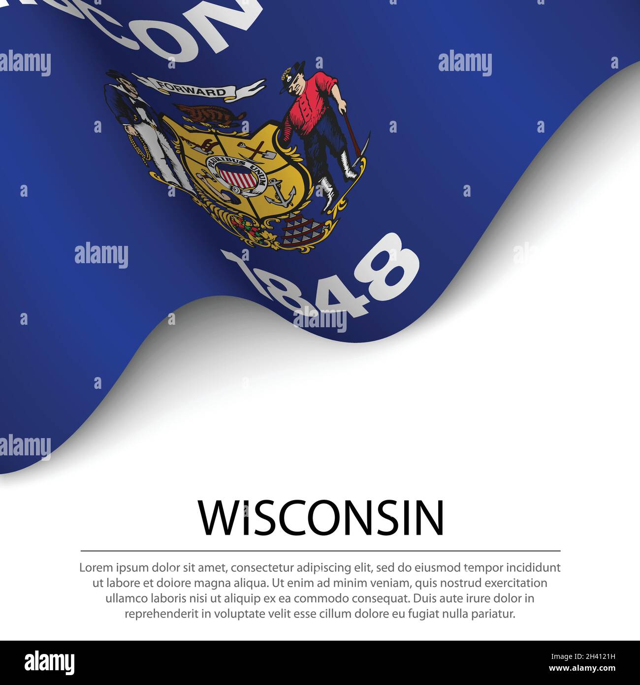 Waving flag of Wisconsin is a state of USA on white background. Banner ...