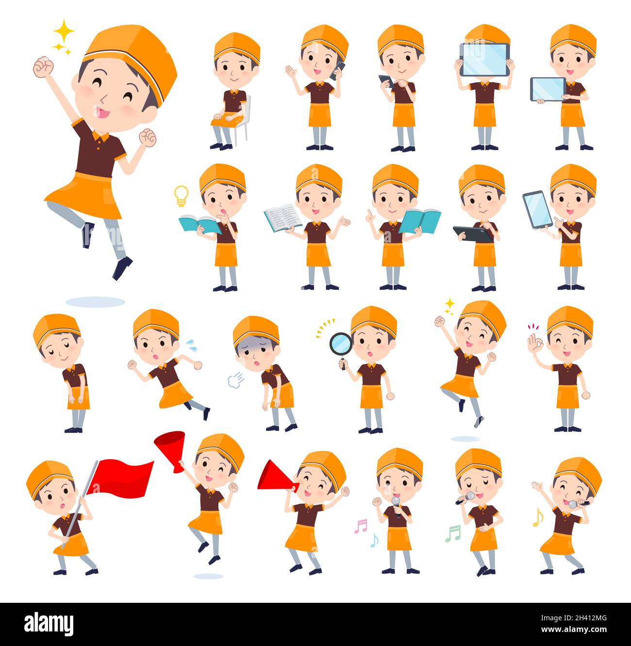 A set of Fast food clerk man with digital equipment such as smartphones ...