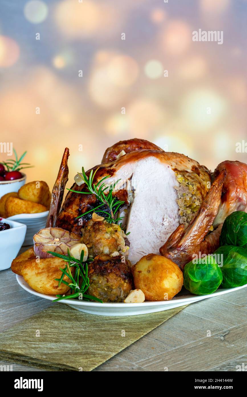 Traditional whole roasted Christmas turkey with apricot and pistachio ...