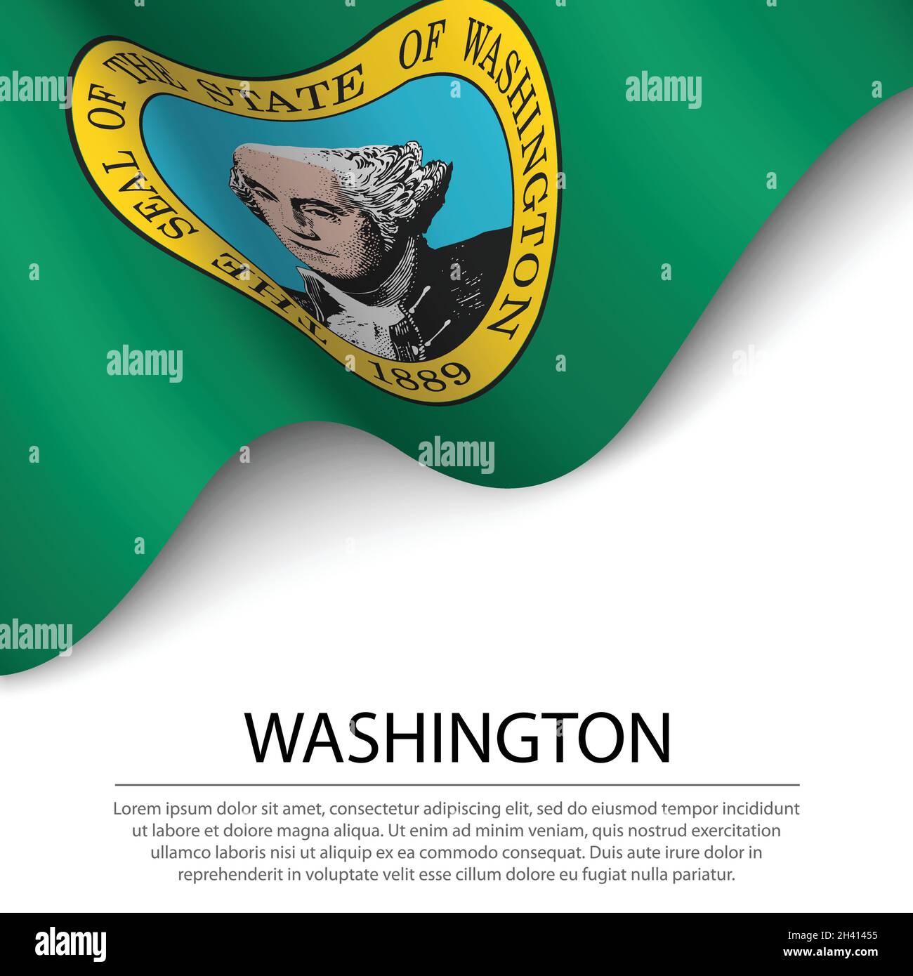 Waving flag of Washington is a state of USA on white background. Banner ...