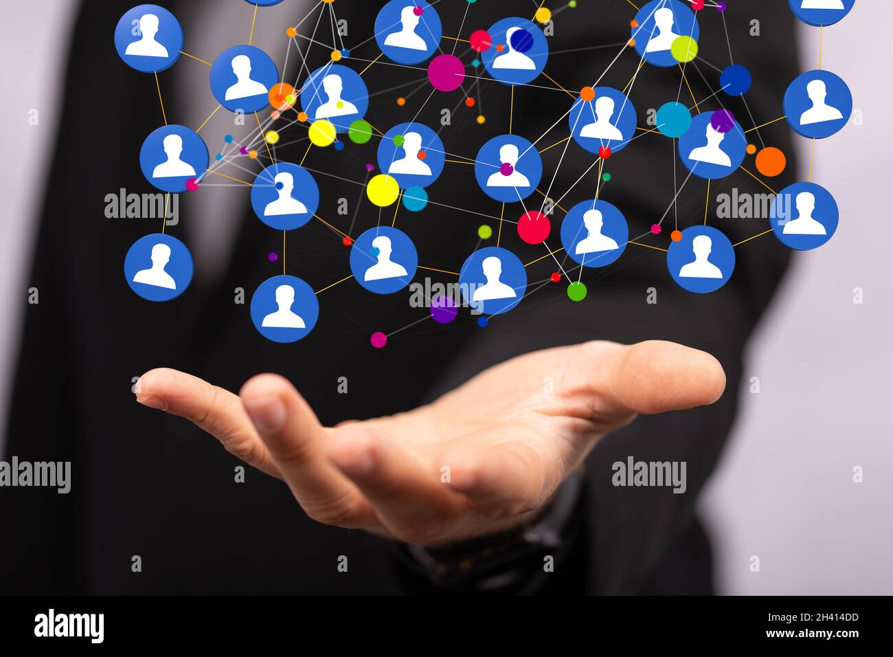 3D rendering of a group of floating people icons on a businessman's ...