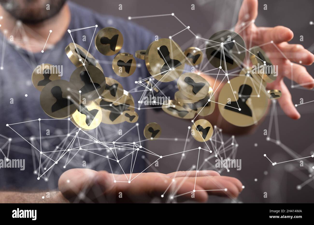 A 3D rendering of a group of floating people icons on a businessman's ...