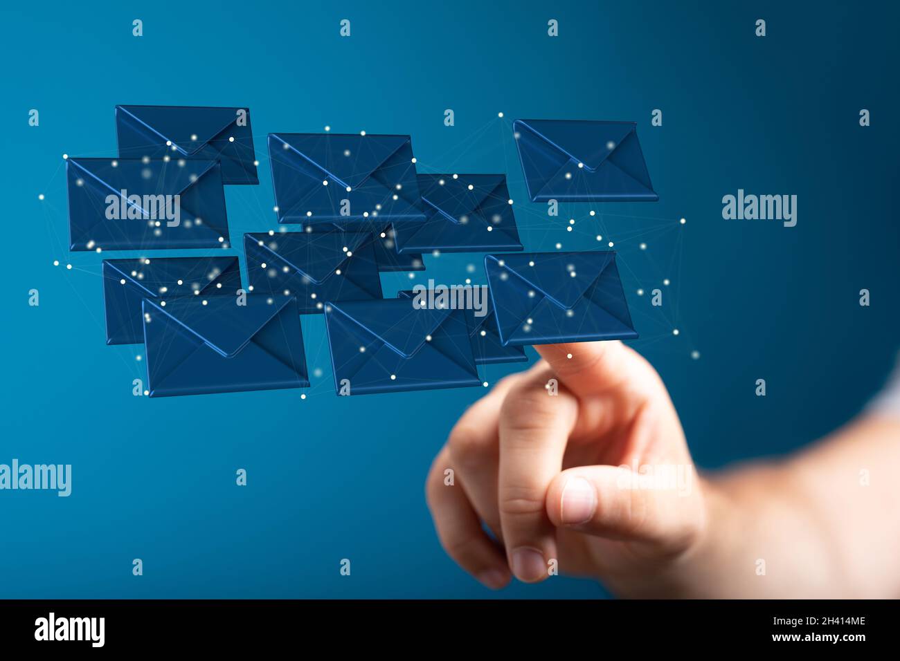 A 3D rendering of a man pointing at floating email icons - Concept of ...
