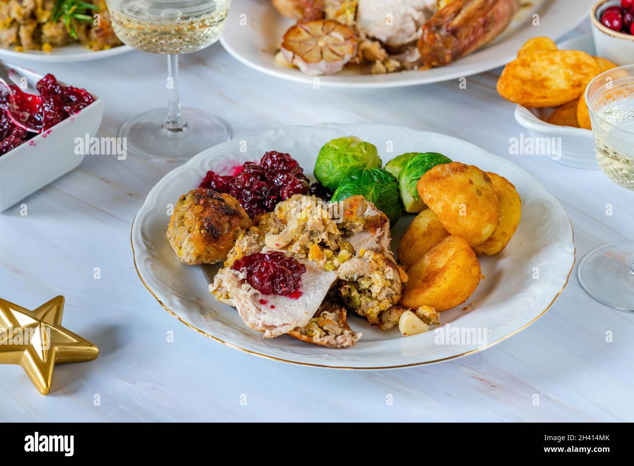 Traditional Christmas dinner with roasted turkey, apricot and pistachio ...