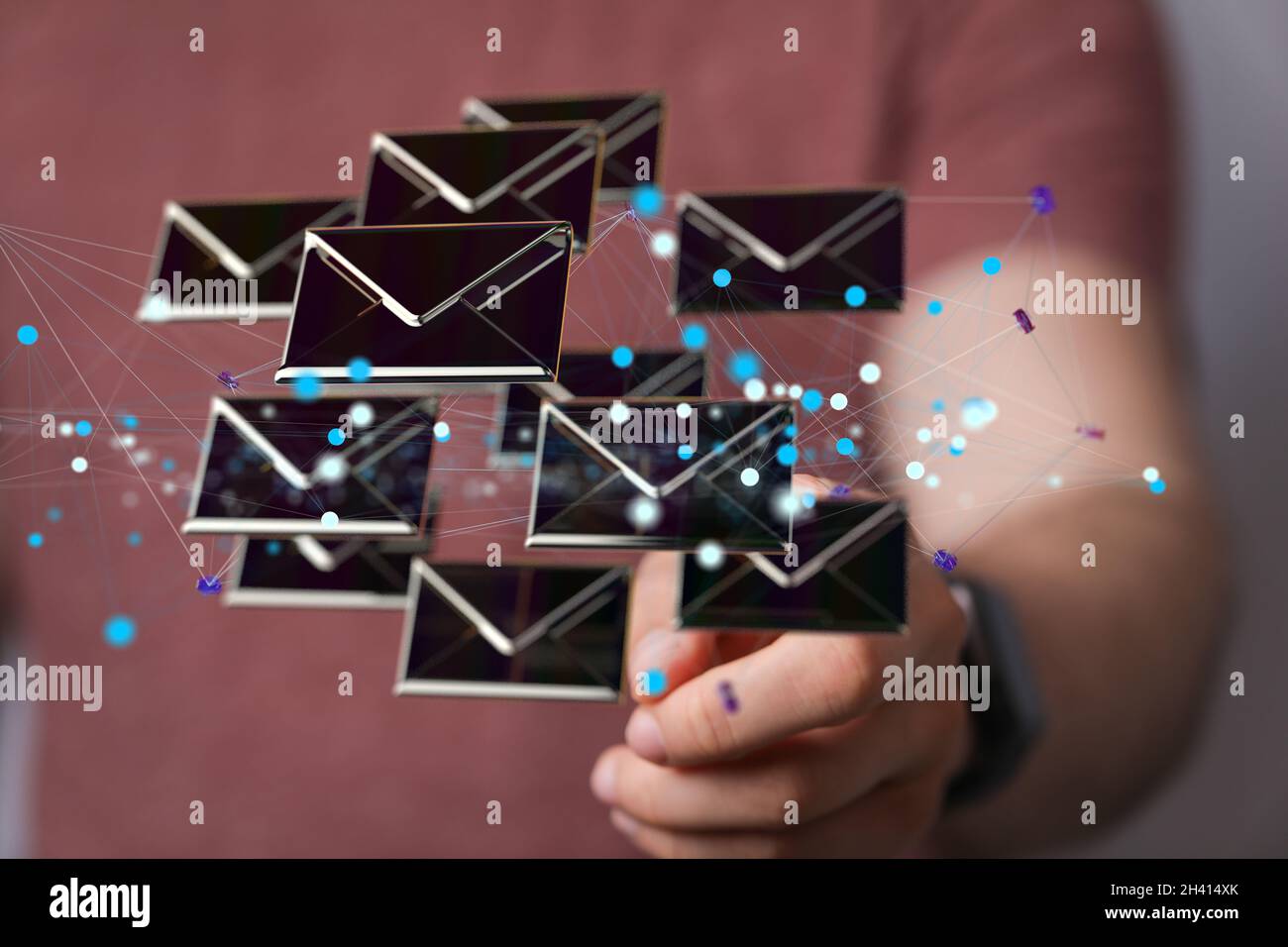 A 3D rendering of a man pointing at floating email icons - Concept of ...