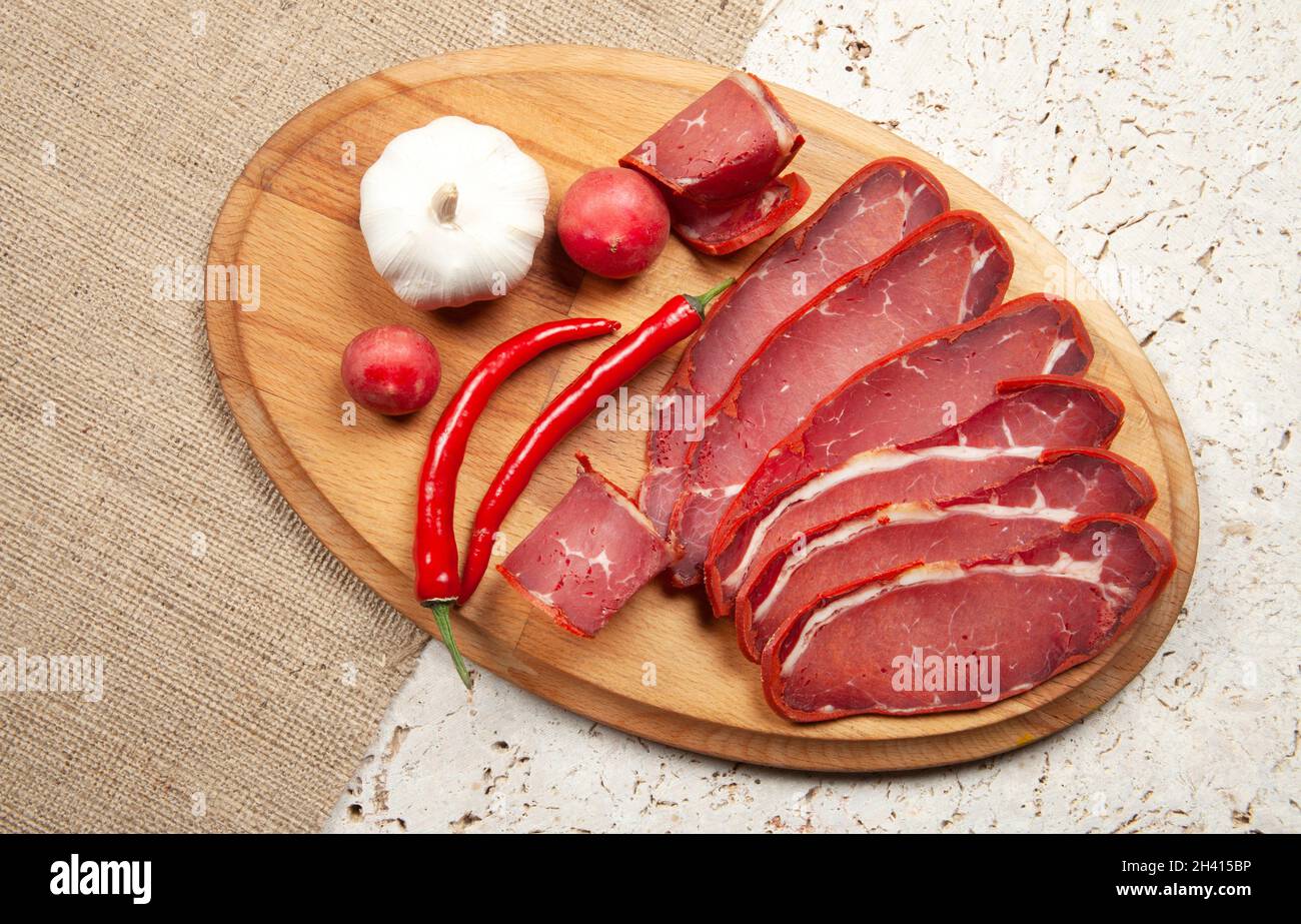Beef pastrami sliced. Turkish bacon, pastrami ( kayseri pastirma Stock ...