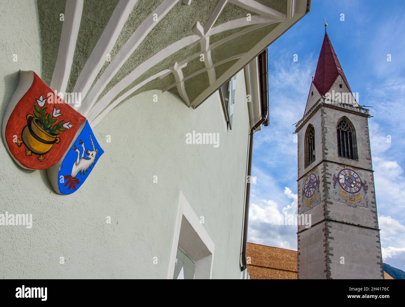 Bell Tower and Coat of Arms Stock Photo - Alamy