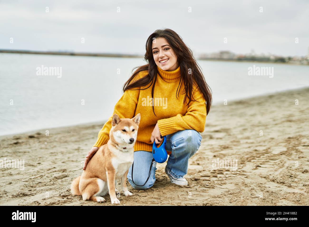 Beautiful young woman hugging happy shiba inu dog at the beach Stock ...
