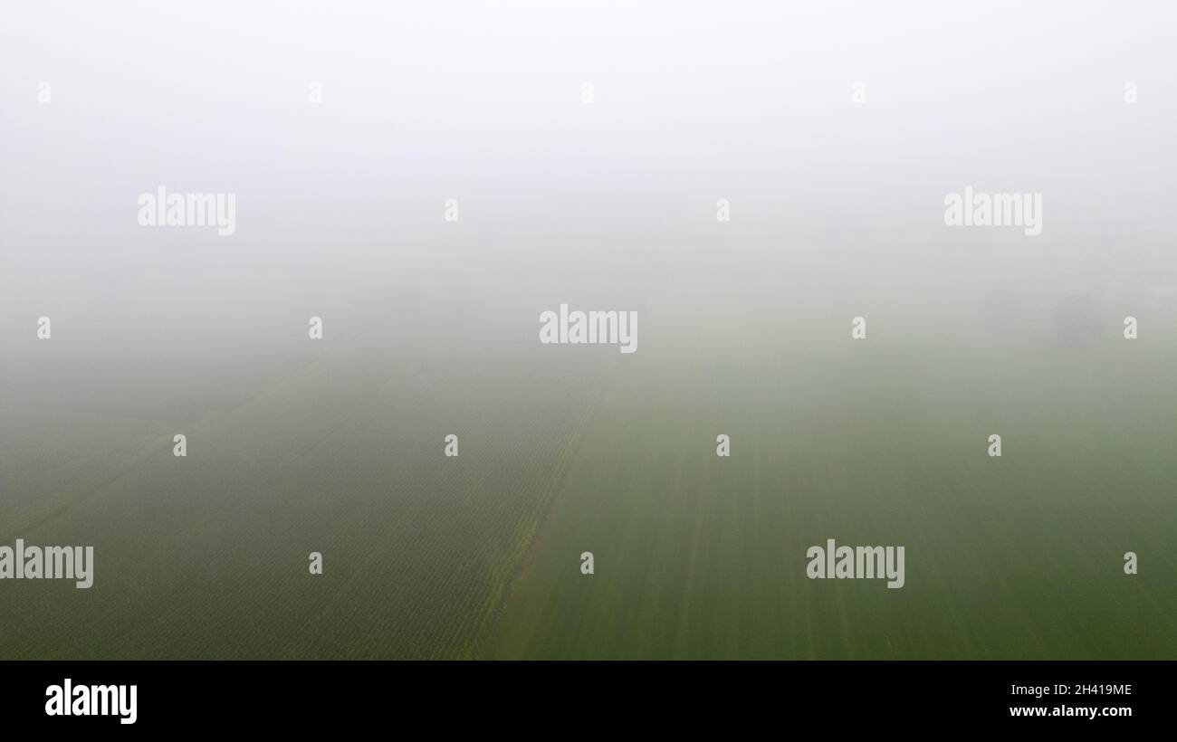Aerial view of a rural landscape during sunrise in Belgium. Rural farm ...