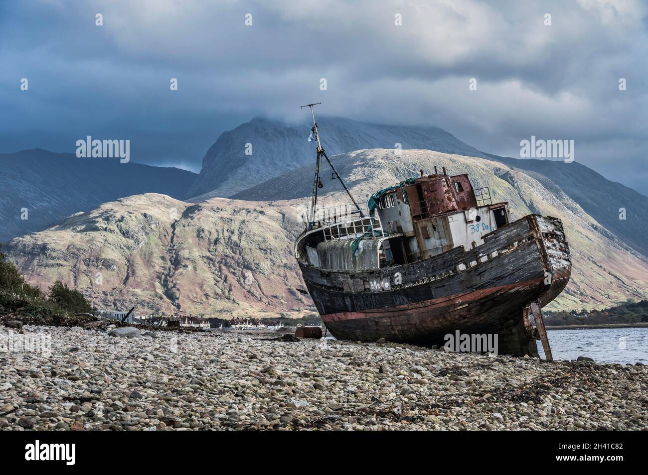 Abandoned fishing boat at Corpach on the beach of Loch Linnhe at Fort ...