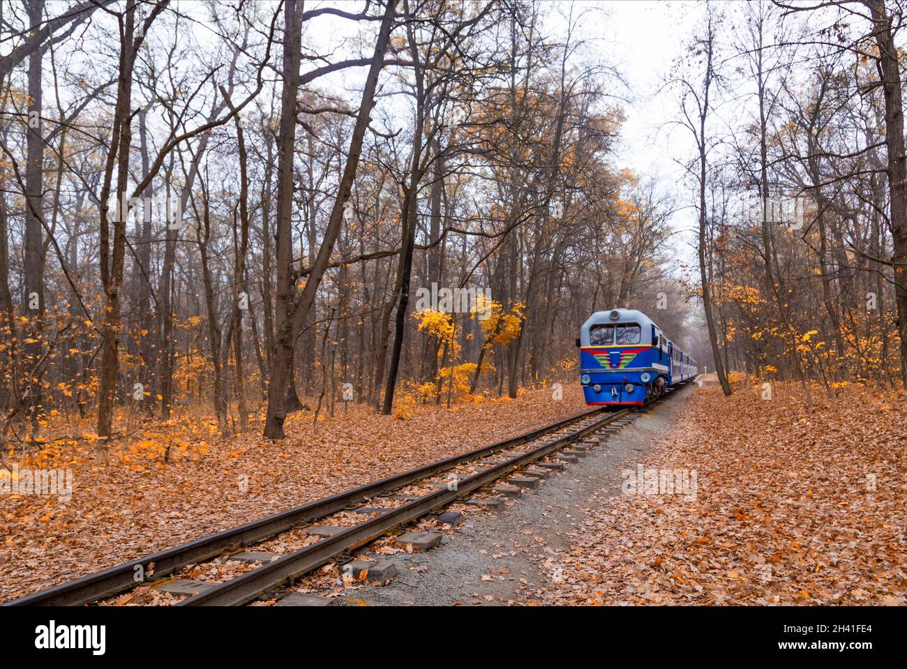 Old vintage blue railway train on the track rails front view. Railroad ...