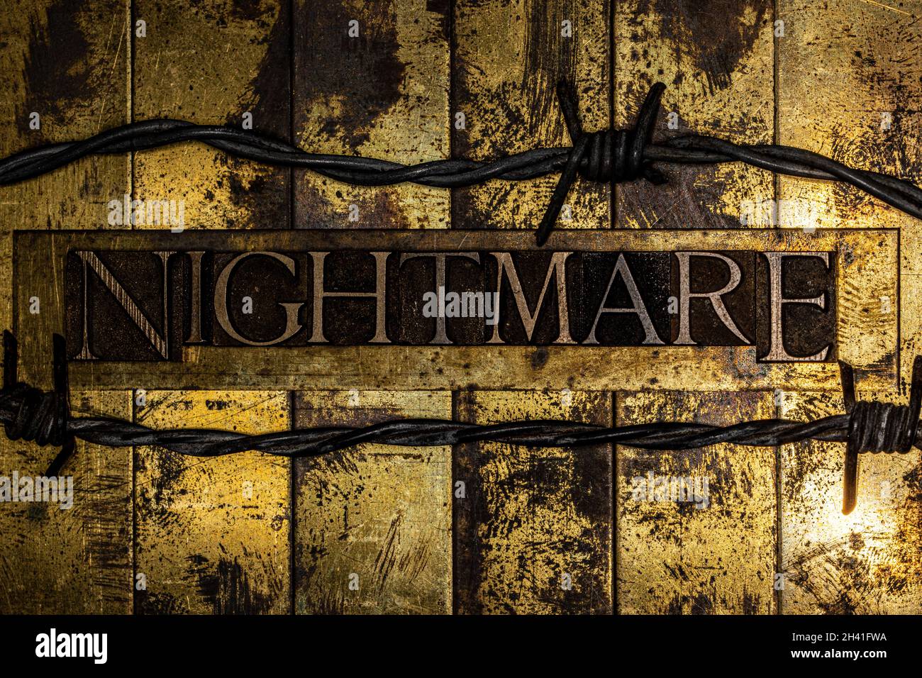 Nightmare text message with barbed wire on textured grunge copper and ...