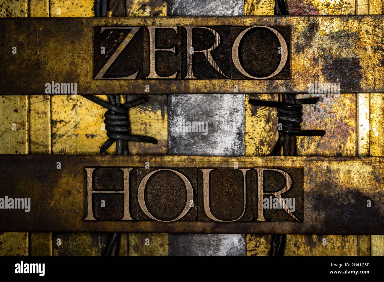 Zero Hour text on textured grunge copper and vintage gold background ...