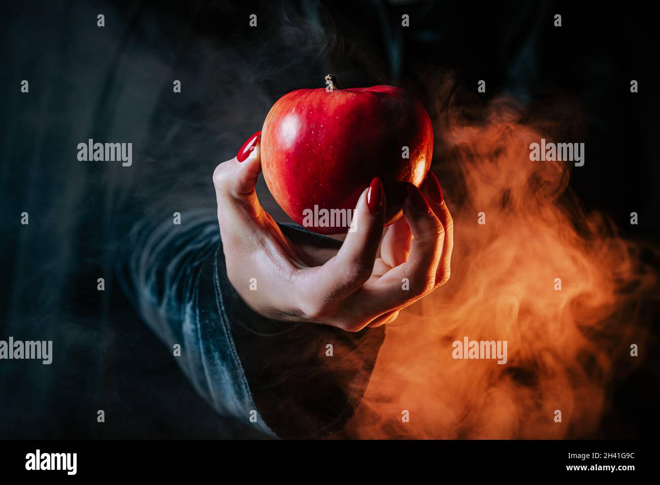 Woman as witch in black offers red apple as symbol of temptation ...