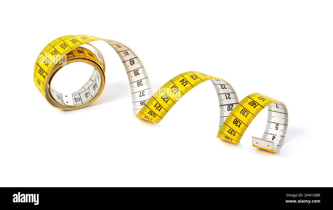 Measuring tape of tailor with indicators in form of centimeters. Yellow ...