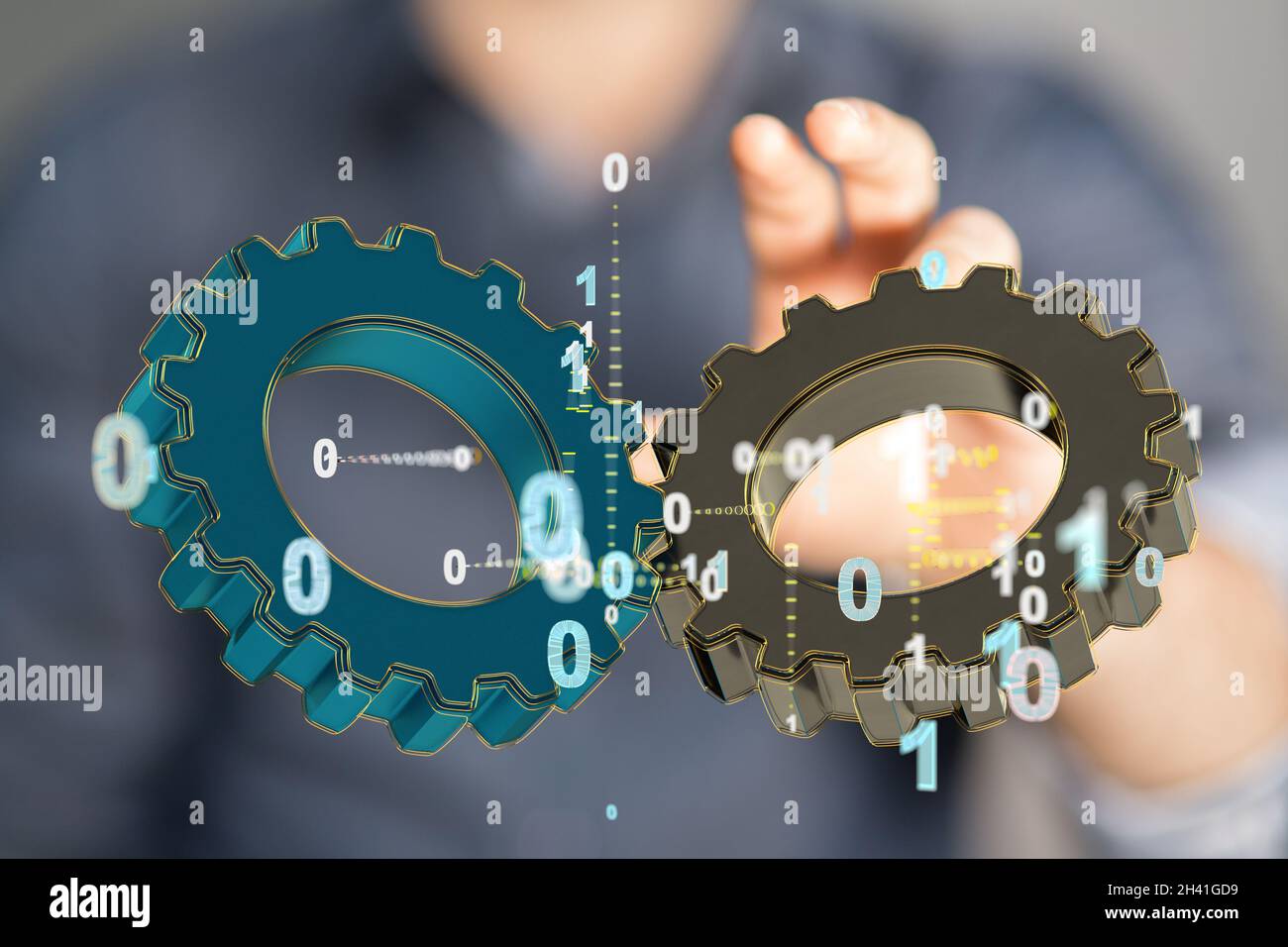 A person presenting a 3D rendering digital gears for business success ...